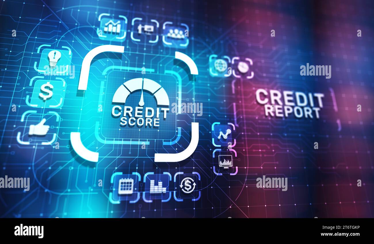 Credit report score button on virtual screen. Business Finance concept ...