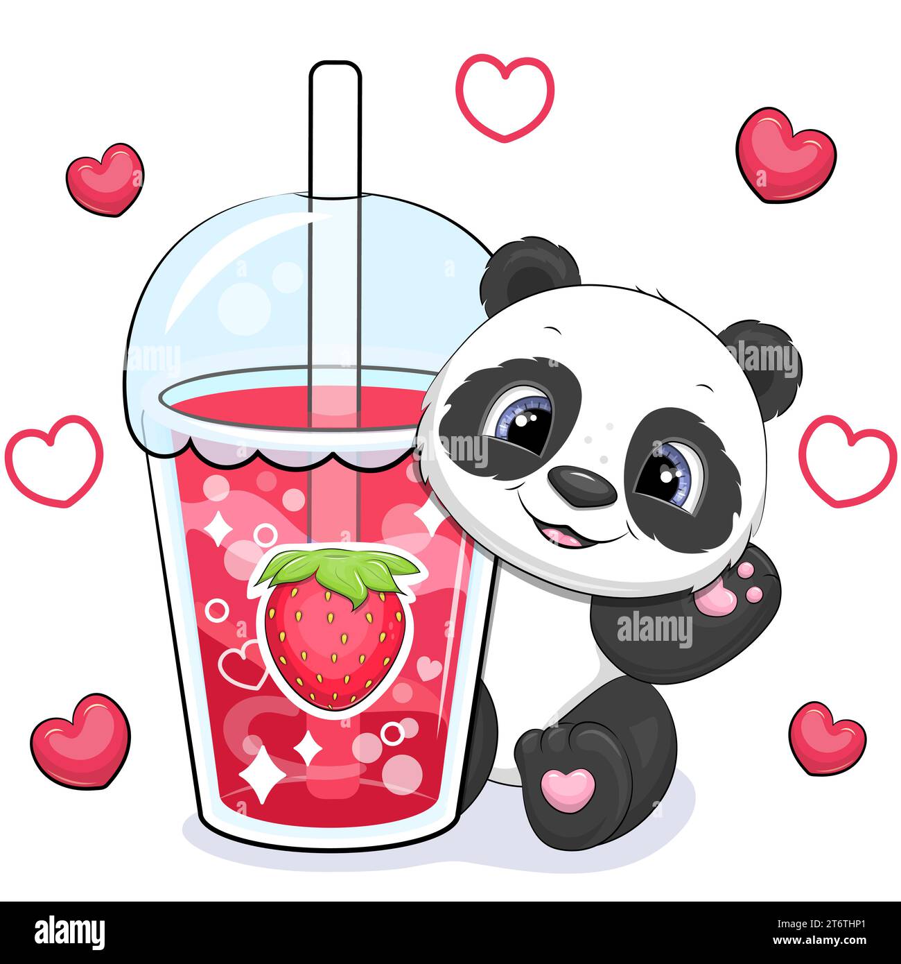 Cute cartoon panda with a big strawberry drink. Vector illustration of ...