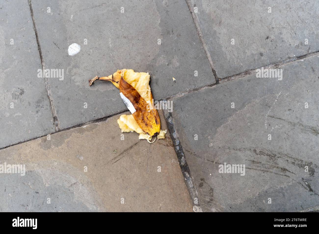 A banana with a barcode, squashed in the street after someone has ...