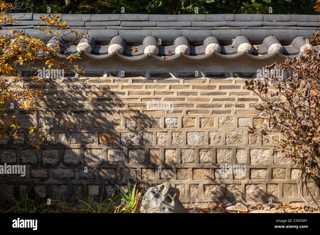 Korean traditional stone wall in Changdeokgung palace with beautiful ...