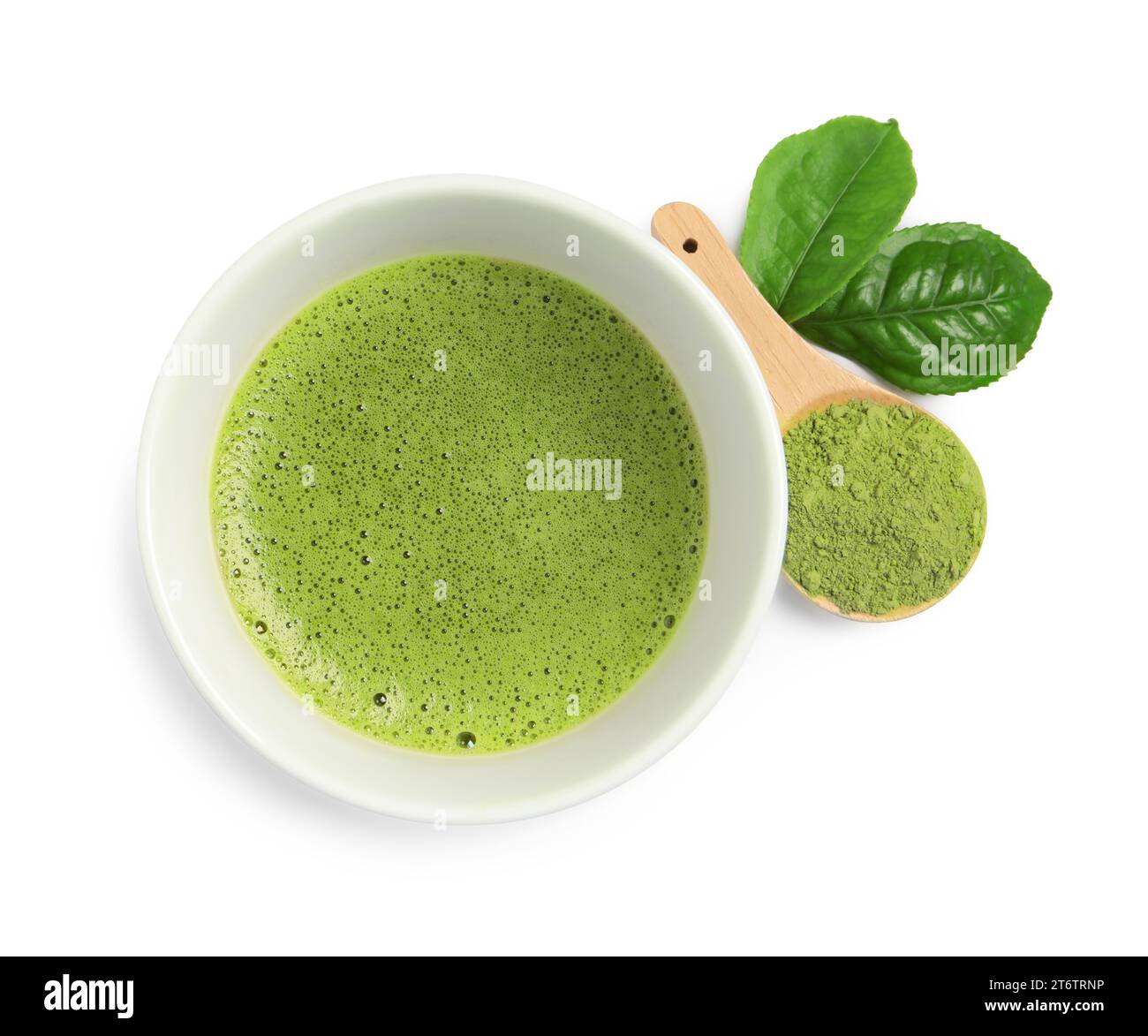 Cup of fresh matcha tea, green powder and leaves on white background ...