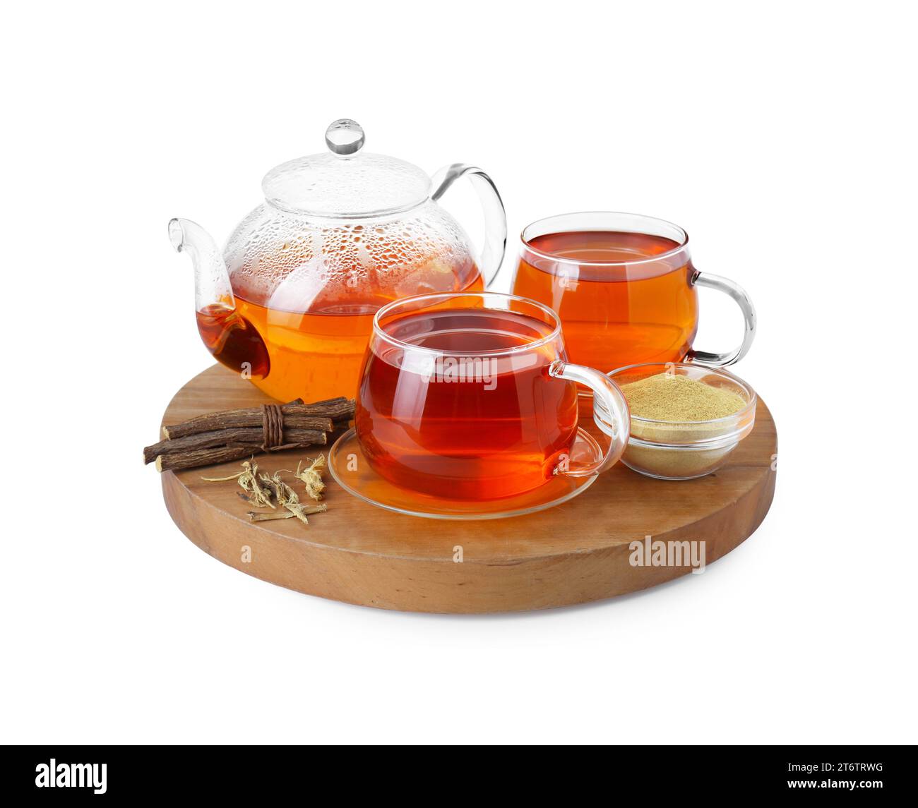 Aromatic licorice tea, dried sticks of licorice root and powder on ...