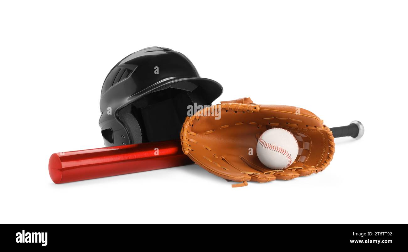 Baseball bat, ball, batting helmet and glove isolated on white Stock ...