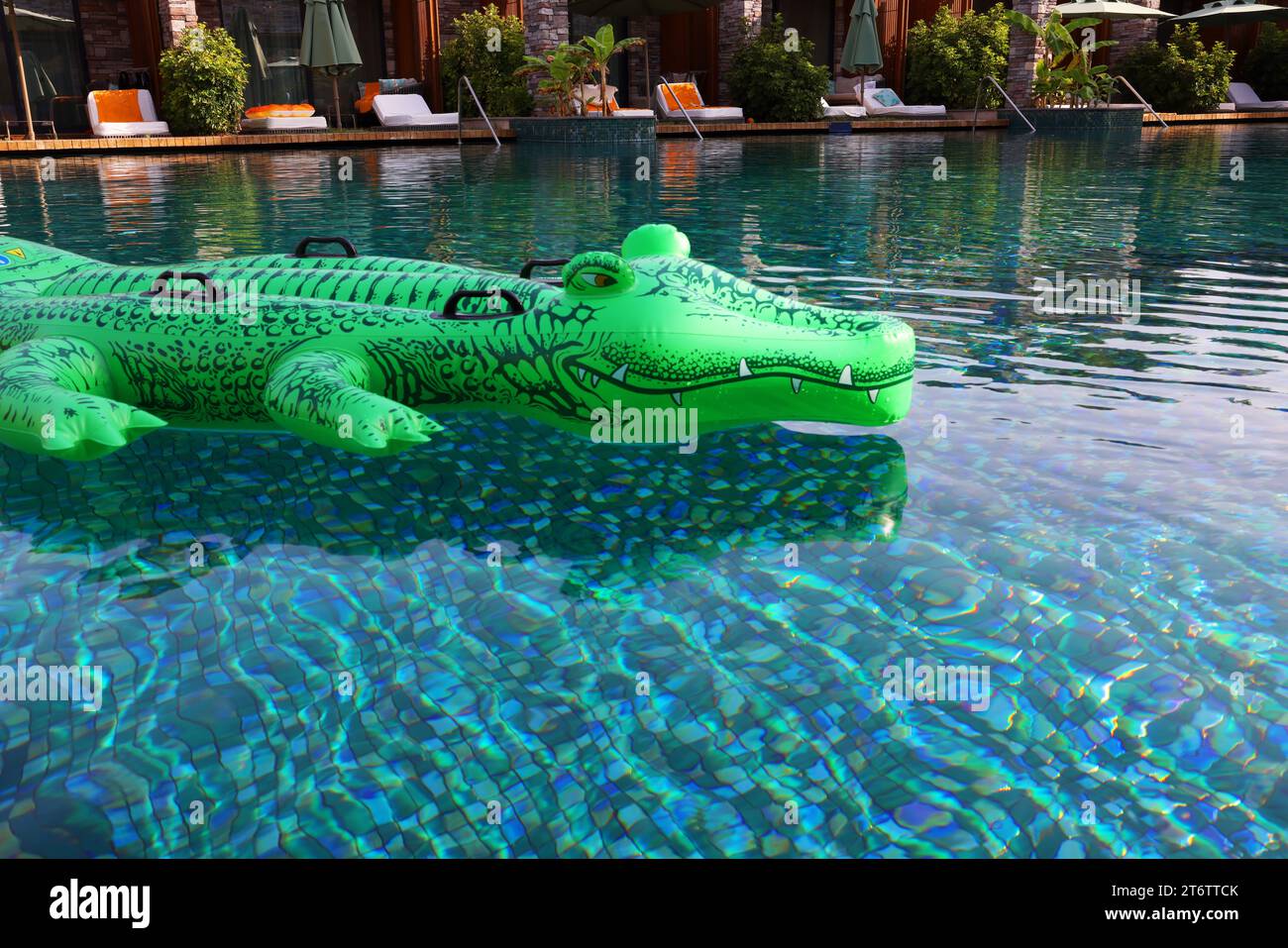 Float in shape of crocodile in swimming pool at luxury resort Stock ...