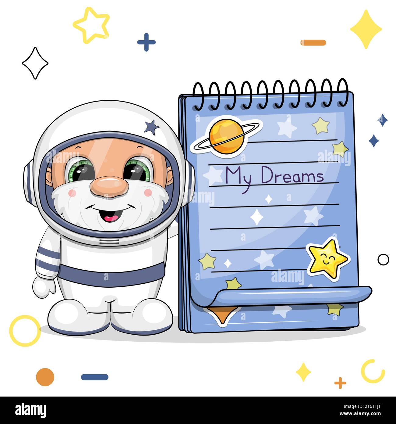 A cute cartoon astronaut with a blue notebook with stickers. Vector ...