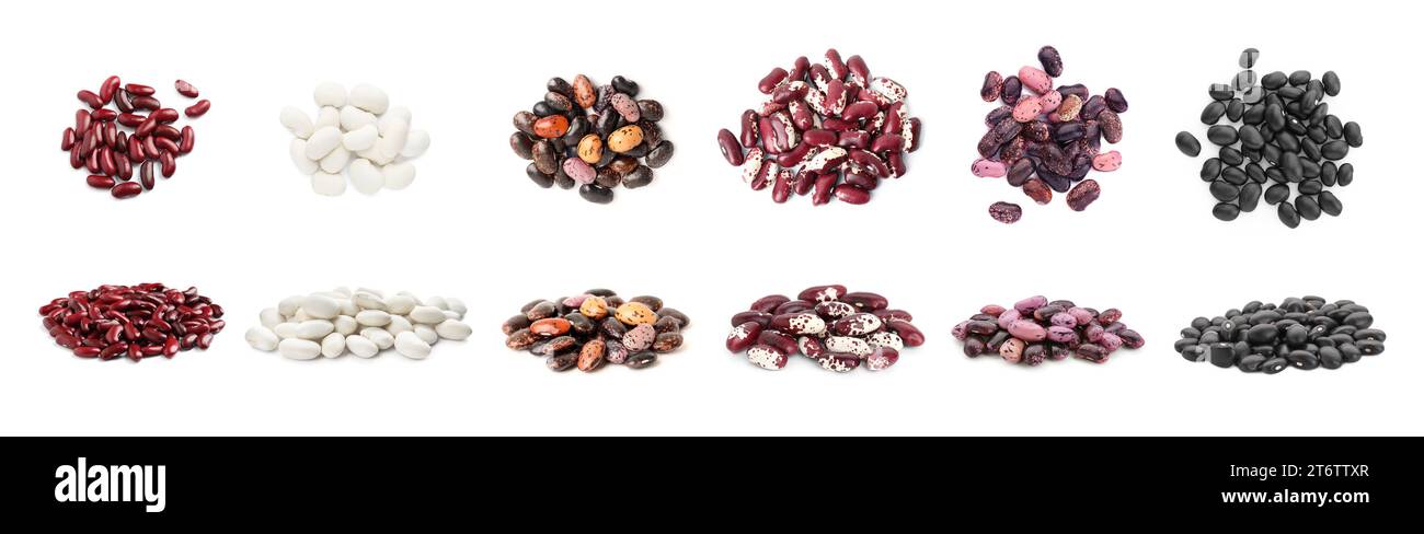 Different raw kidney beans isolated on white. Collection with top and ...
