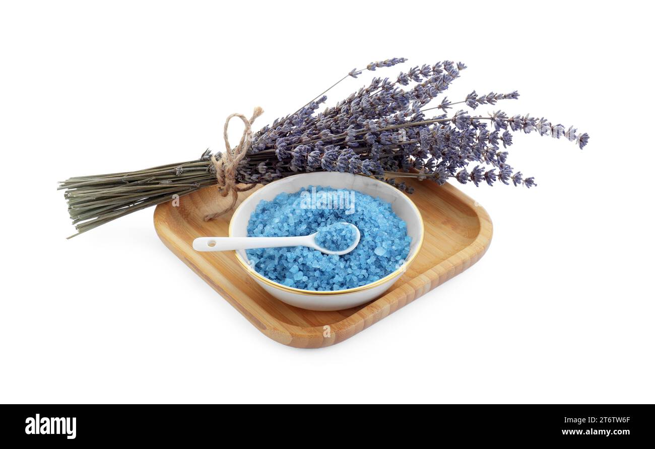 Bowl with blue sea salt and lavender flowers isolated on white Stock ...