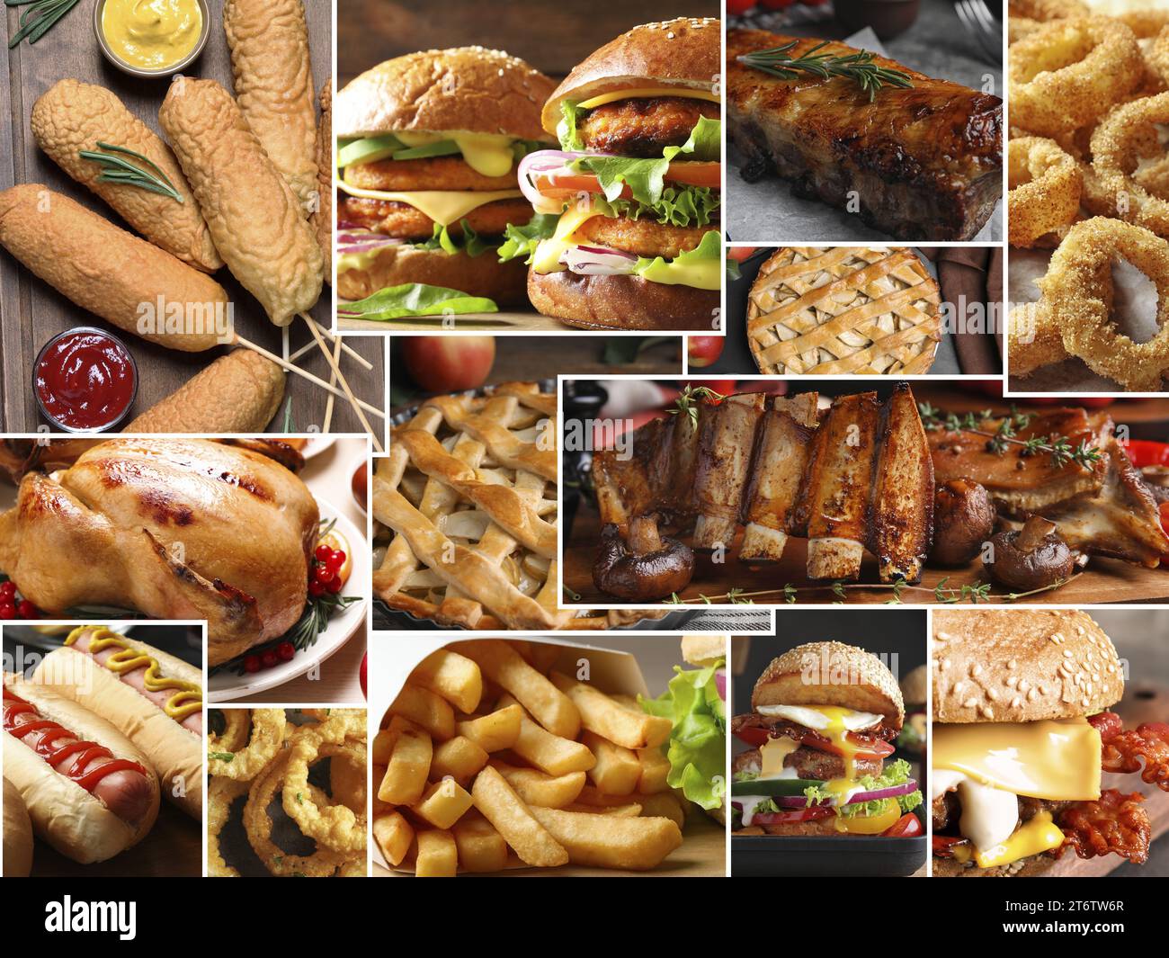 Different tasty American dishes. Collage with burgers, hot dogs ...