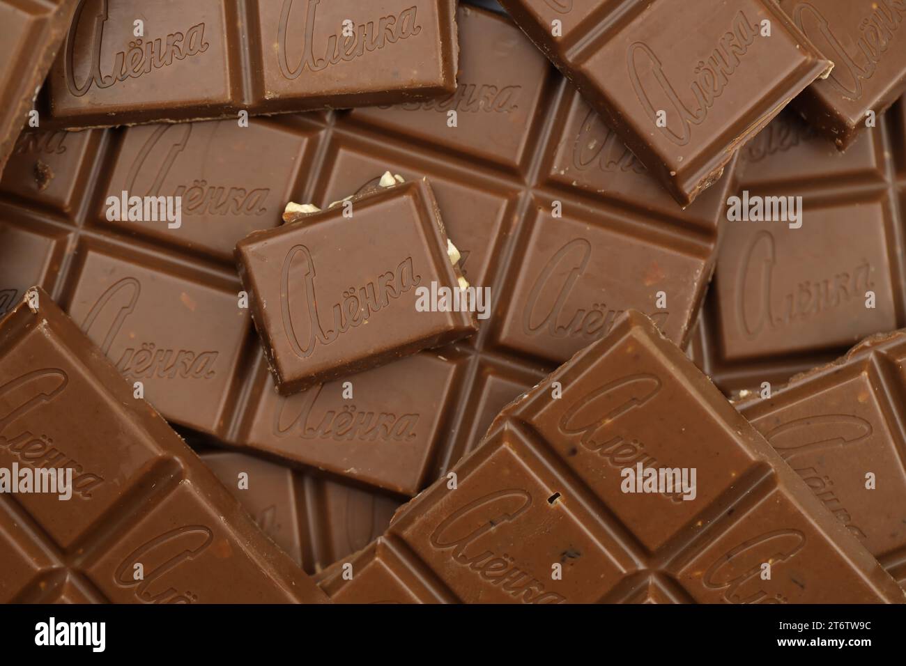 KHARKIV, UKRAINE - JANUARY 27, 2021 Alyonka chocolate square bars ...