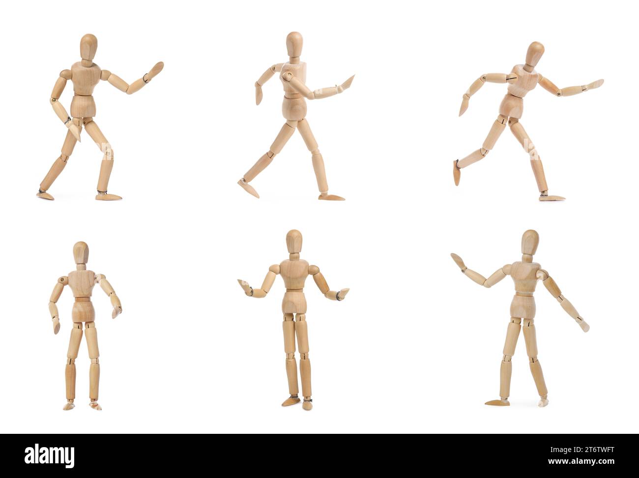 Wooden puppet on white background, collection of different poses Stock ...