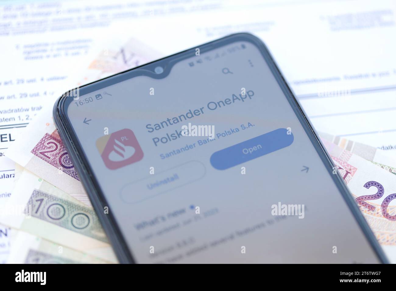 TERNOPIL, UKRAINE - AUGUST 3, 2023 Santander bank application on screen ...