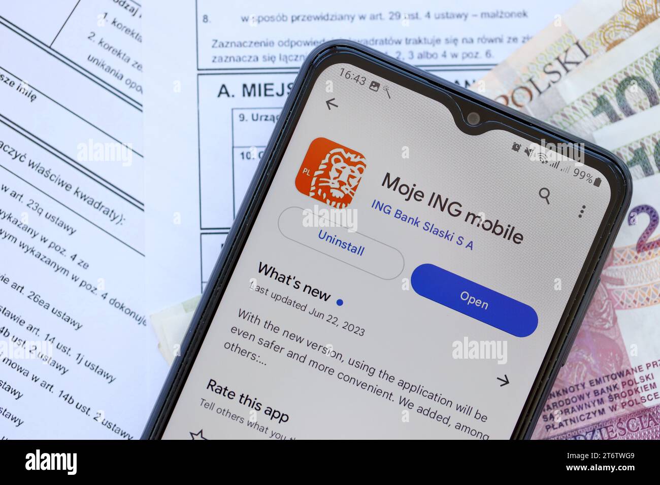 TERNOPIL, UKRAINE - AUGUST 3, 2023 ING application on screen of display ...