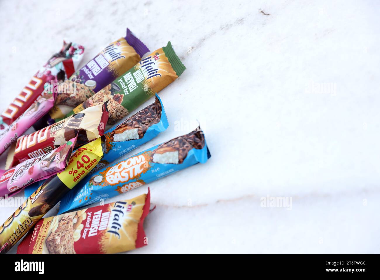 ANTALYA, TURKEY - MAY 18, 2021 Many tasty chocolate bars of various ...