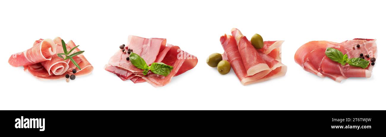 Delicious sliced jamon isolated on white, set Stock Photo - Alamy