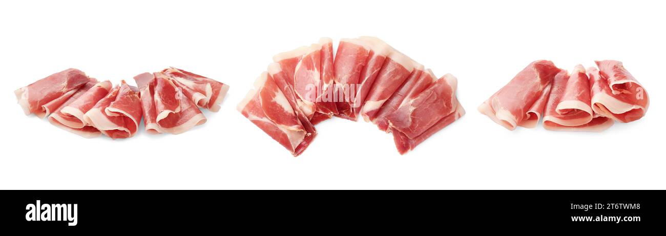Delicious sliced jamon isolated on white, set Stock Photo - Alamy