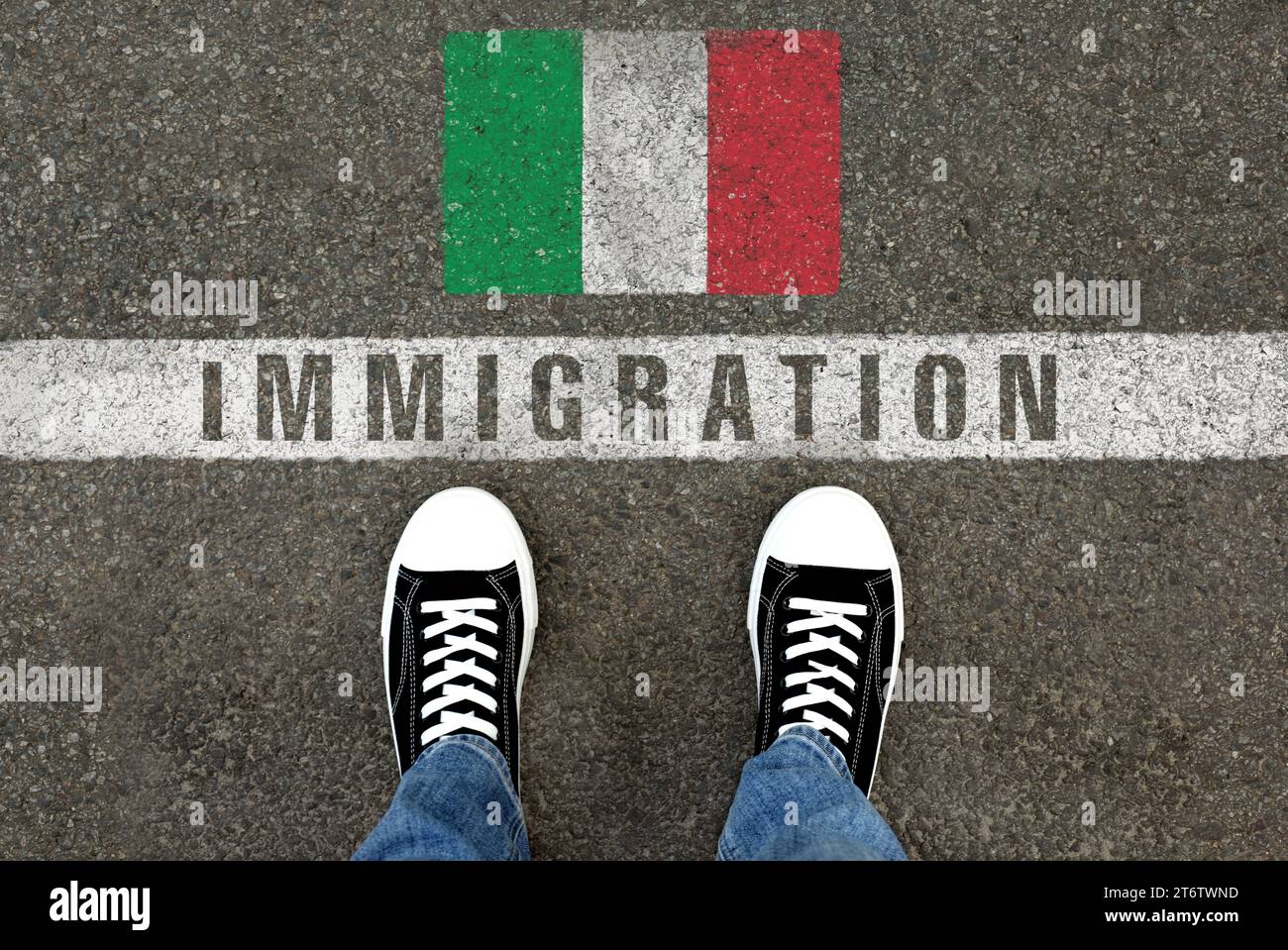 Immigration. Man standing on asphalt near flag of Italy, top view Stock ...