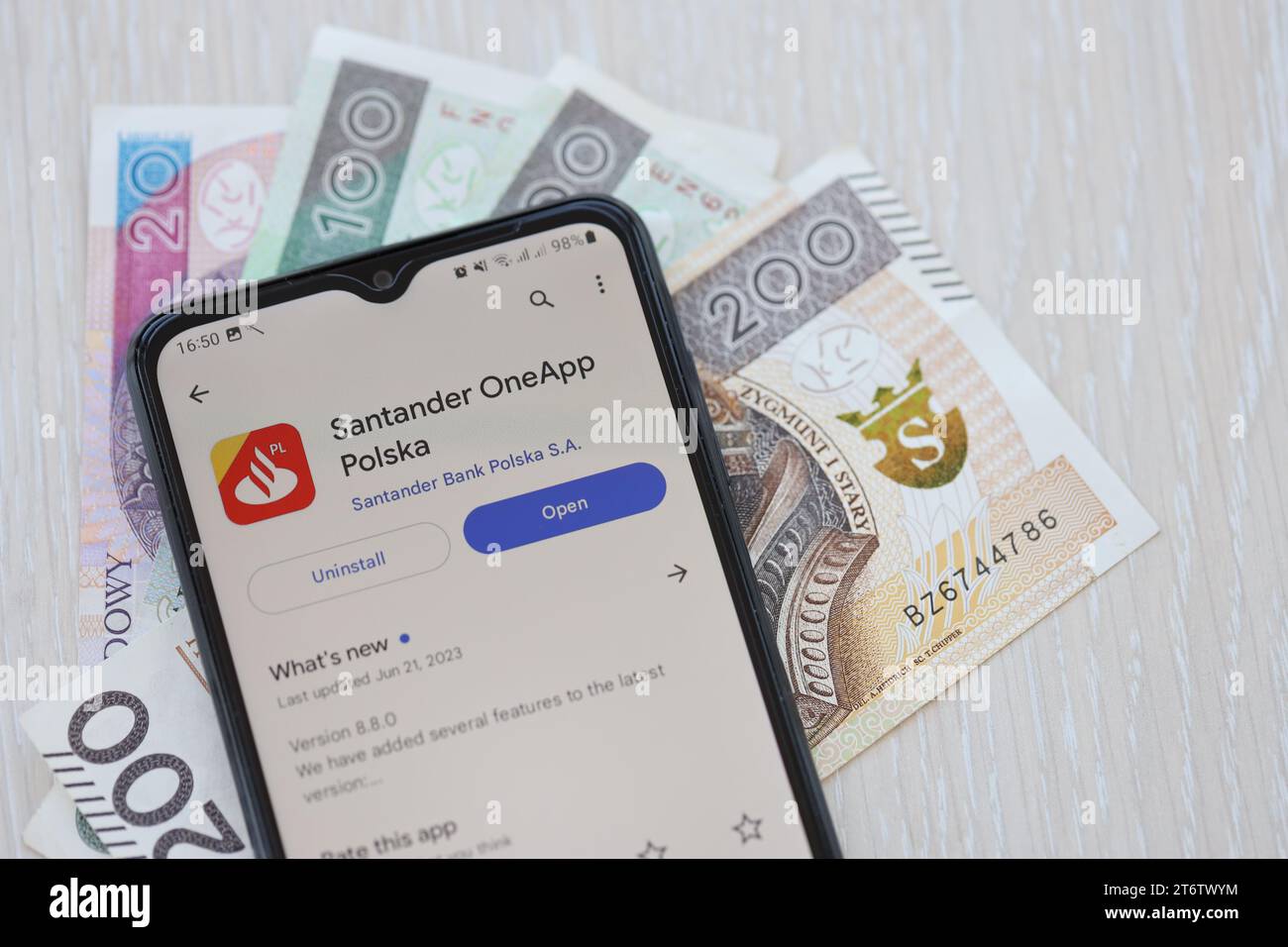 TERNOPIL, UKRAINE - AUGUST 3, 2023 Santander bank application on screen ...