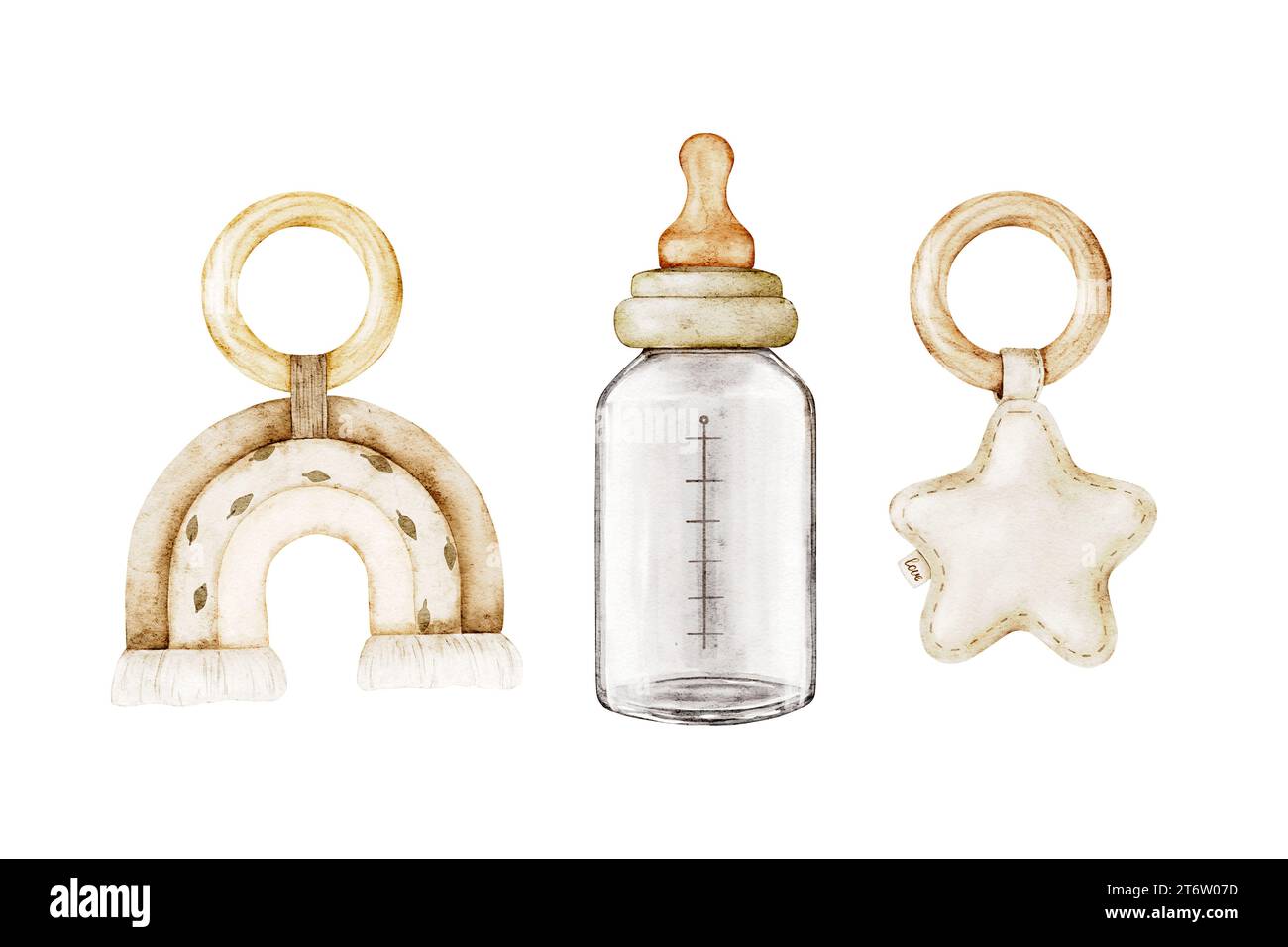 Watercolor children's clipart. Hand-drawn bottle, teether rainbow and ...