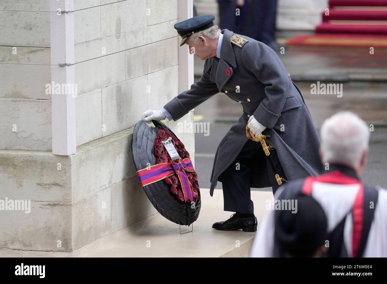 Britain's King Charles III lays down a wreath at the Cenotaph as he ...