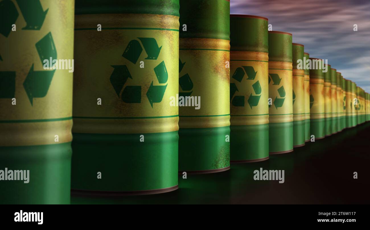 Recycling ecology reuse barrels in row concept. Green environment and ...