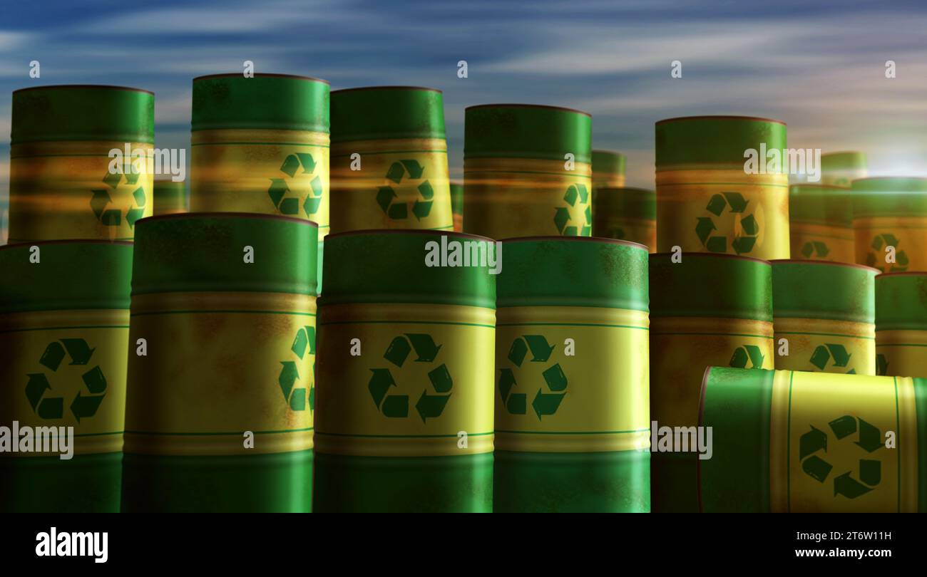 Recycling ecology reuse barrels in row concept. Green environment and ...