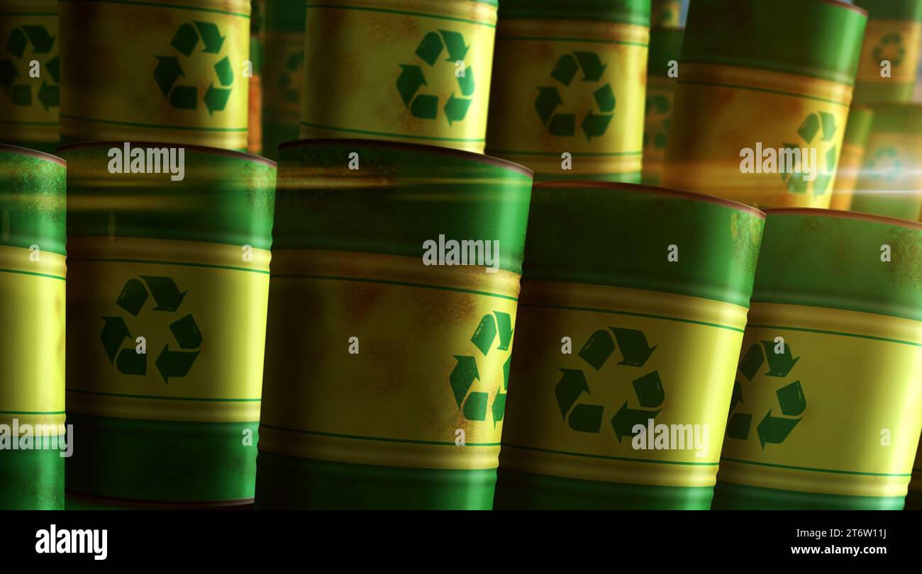 Recycling ecology reuse barrels in row concept. Green environment and ...