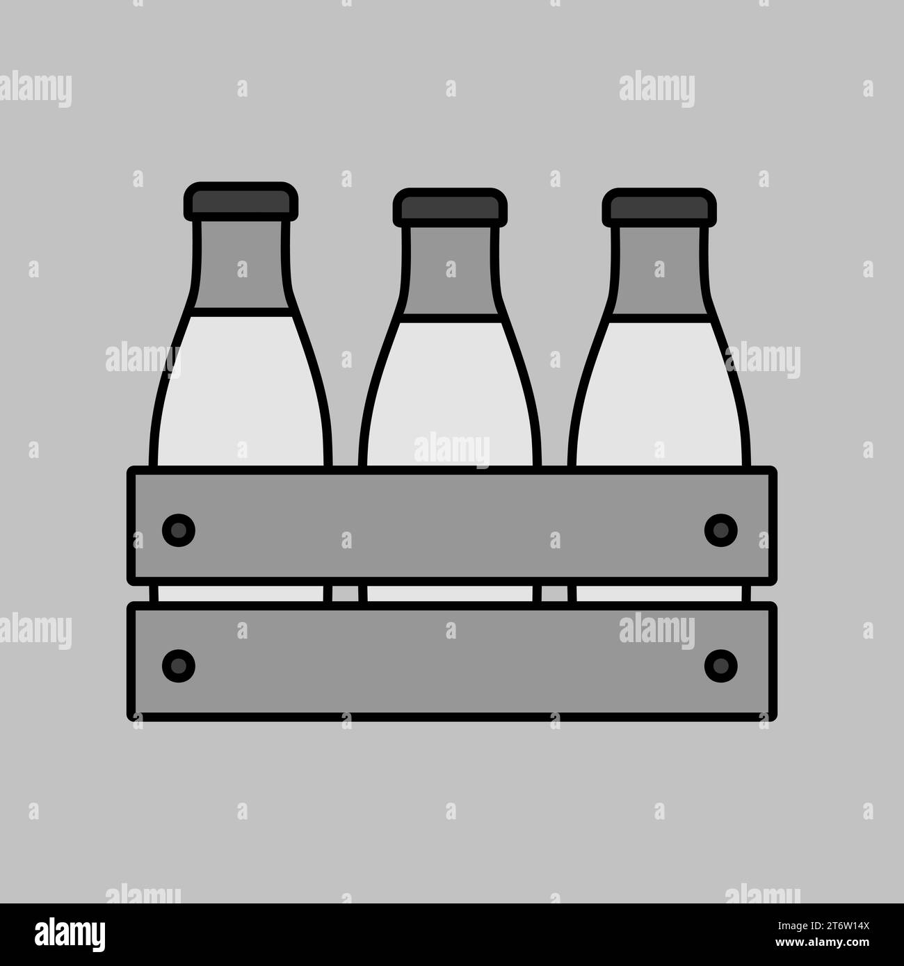 Milk wooden box. Milk bottles crate vector grayscale icon. Dairy ...