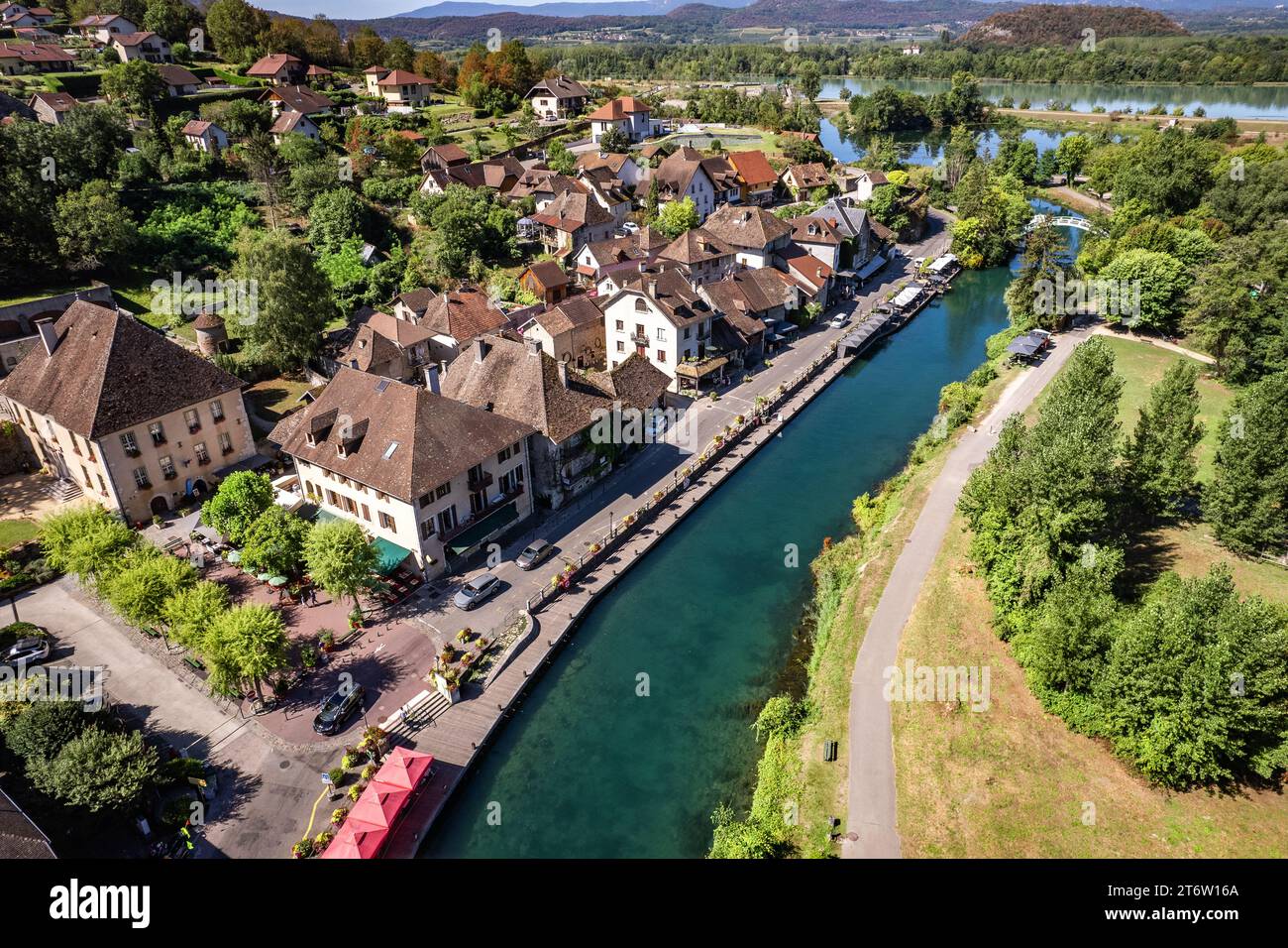 Aerial view of Chanaz, Canal de Savieres in Savoie, France Stock Photo ...