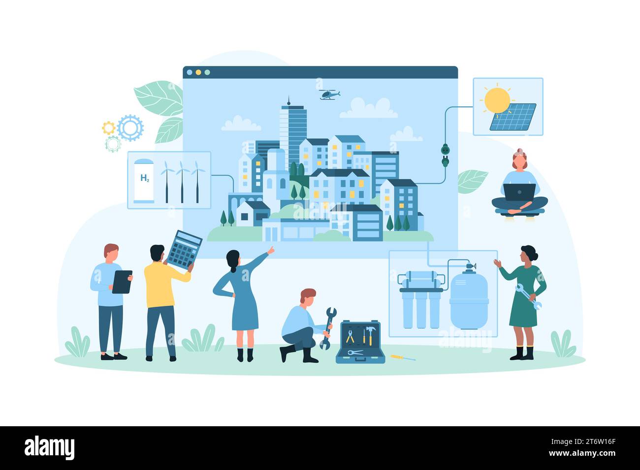 Green city infrastructure planning vector illustration. Cartoon tiny ...