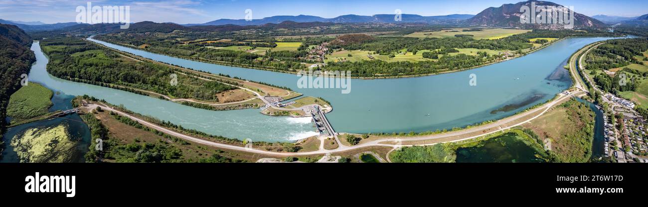 Aerial view of Chanaz, Canal de Savieres in Savoie, France Stock Photo ...