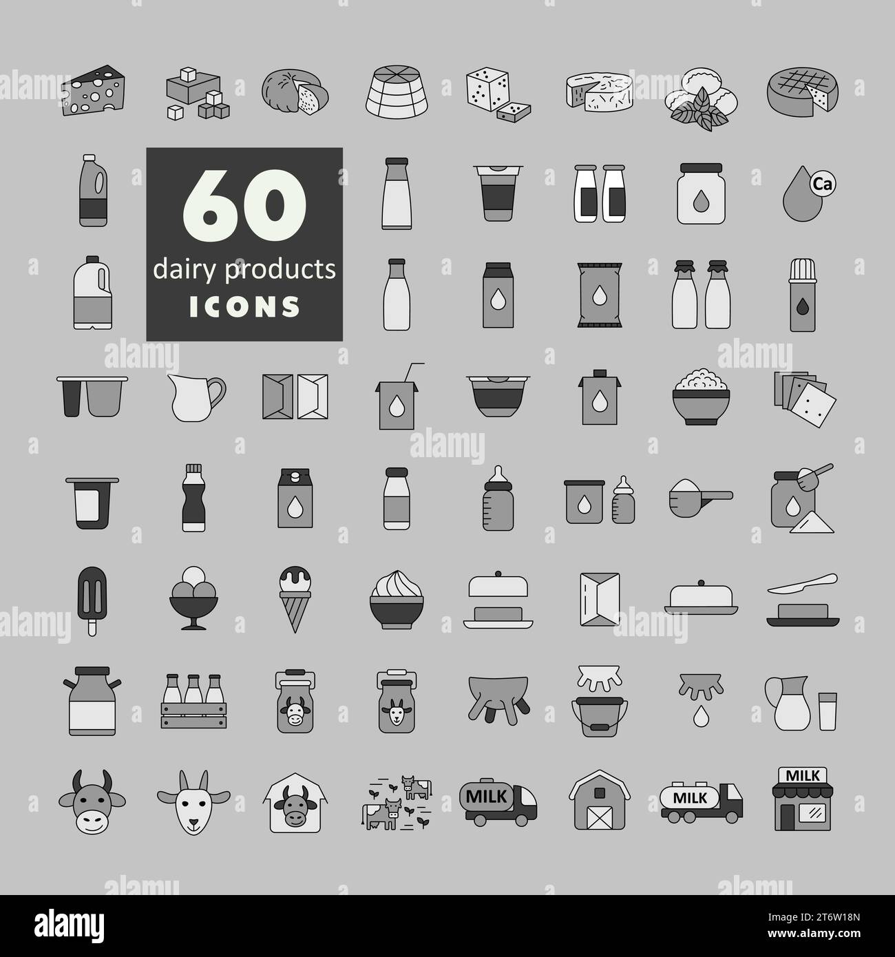 Milk, dairy products vector grayscale icon set. Graph symbol for ...