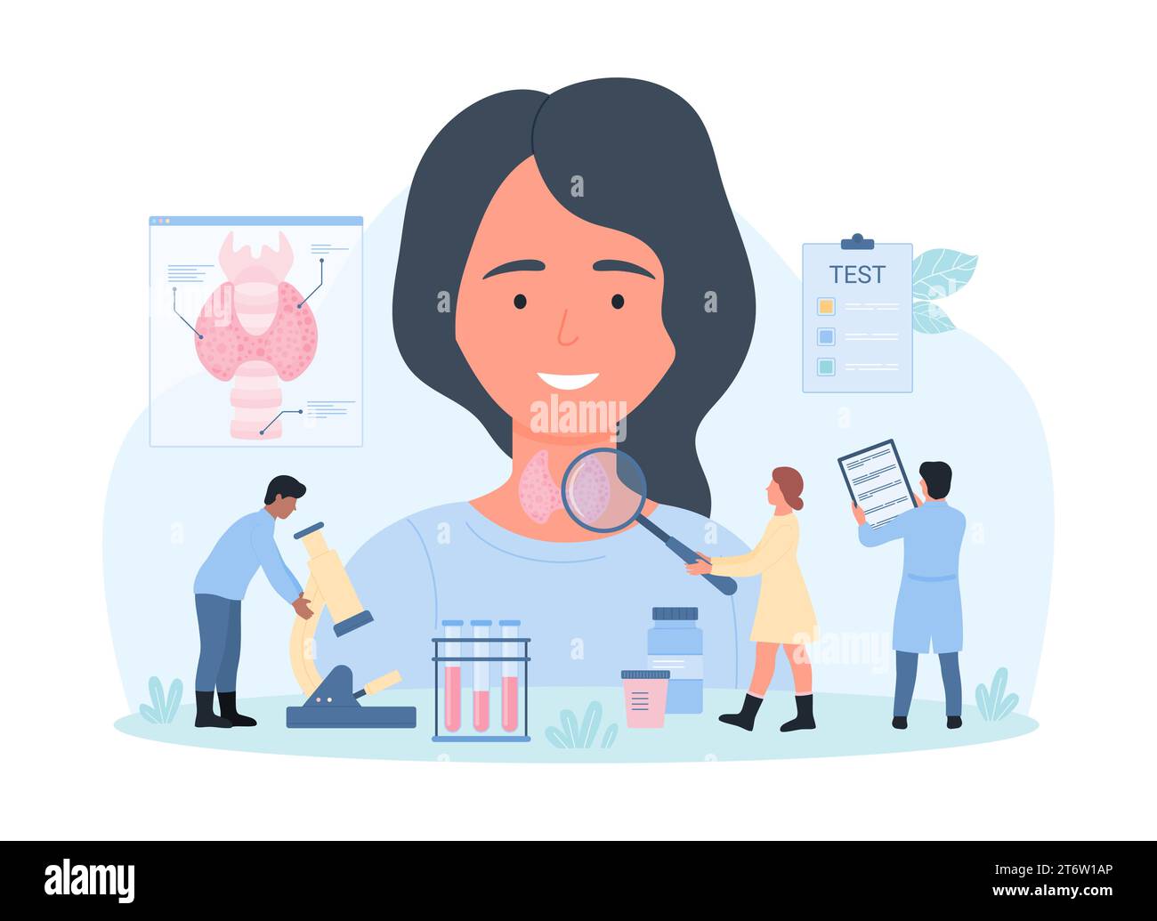 Diagnosis of thyroid disease vector illustration. Cartoon tiny doctors ...