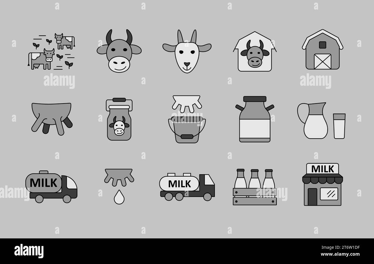 Milk vector grayscale icons set. Dairy products sign. Graph symbol for ...