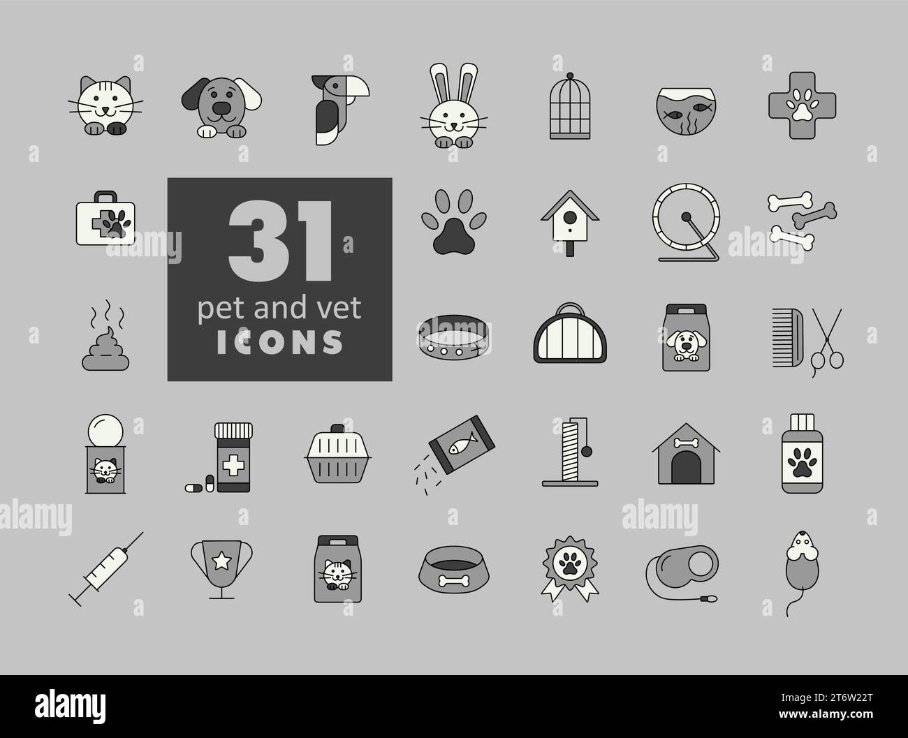 Pet and vet vector isolated grayscale icon set. Graph symbol for pet ... Pet and vet vector isolated grayscale icon set. Graph symbol for pet ...