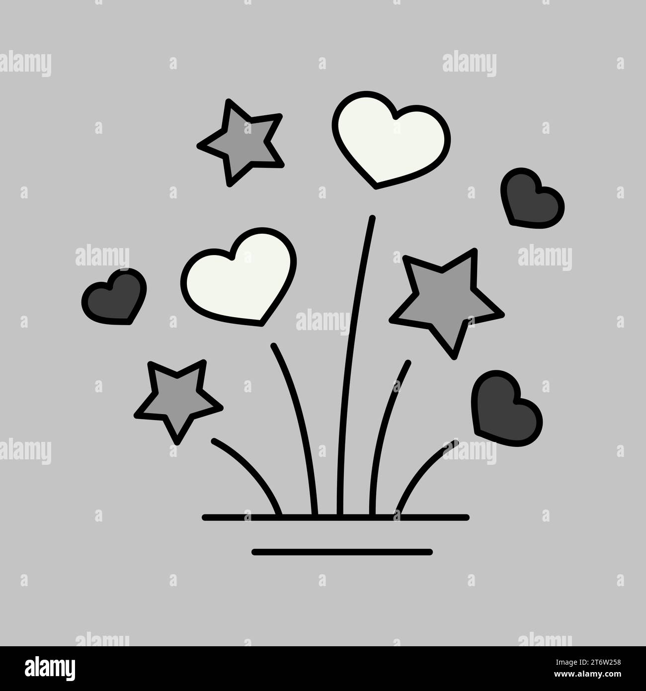 Fireworks explosion splash with stars and hearts isolated grayscale ...