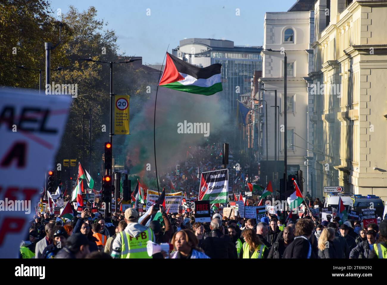 Protesters hold Palestinian flags and pro-Palestine placards during the ...