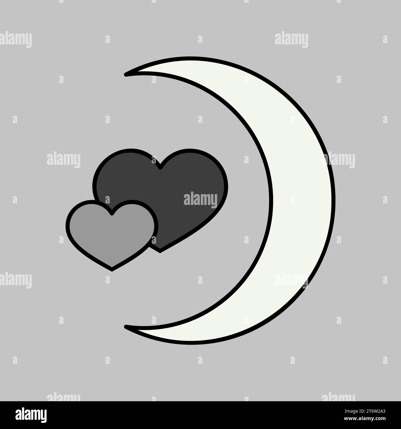 Crescent moon with heart shaped stars isolated grayscale icon. Vector ...