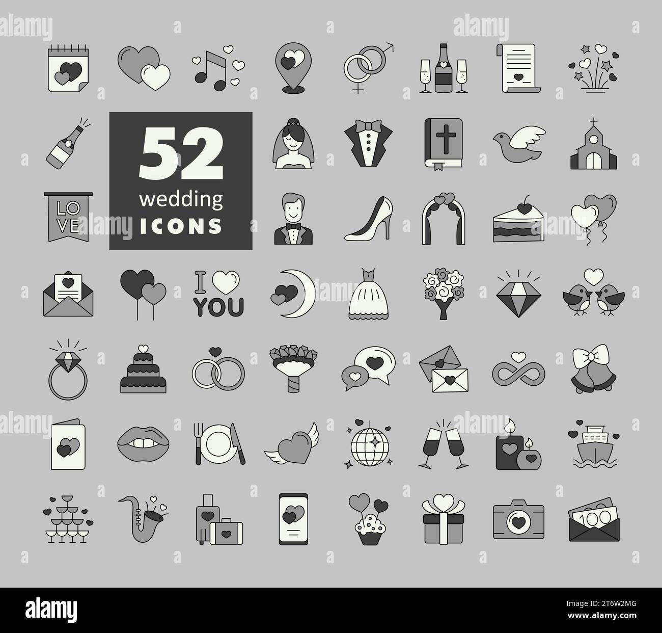 Wedding, marriage, bridal isolated grayscale icon set. Vector ... Wedding, marriage, bridal isolated grayscale icon set. Vector ...