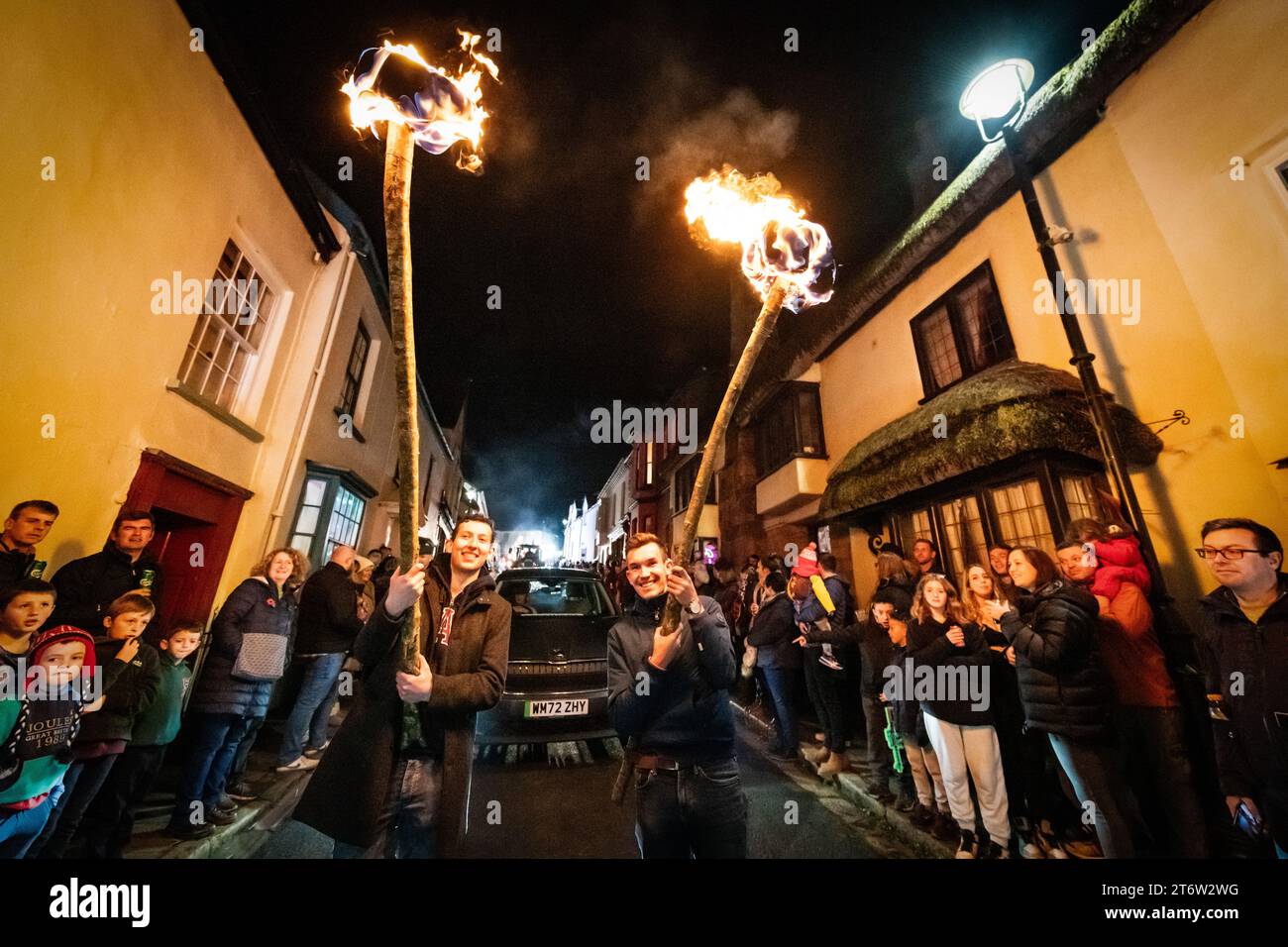 Hatherleigh, UK. , . Flaming parade in the Hatherleigh Carnival & Tar Barrels at night in Devon ...