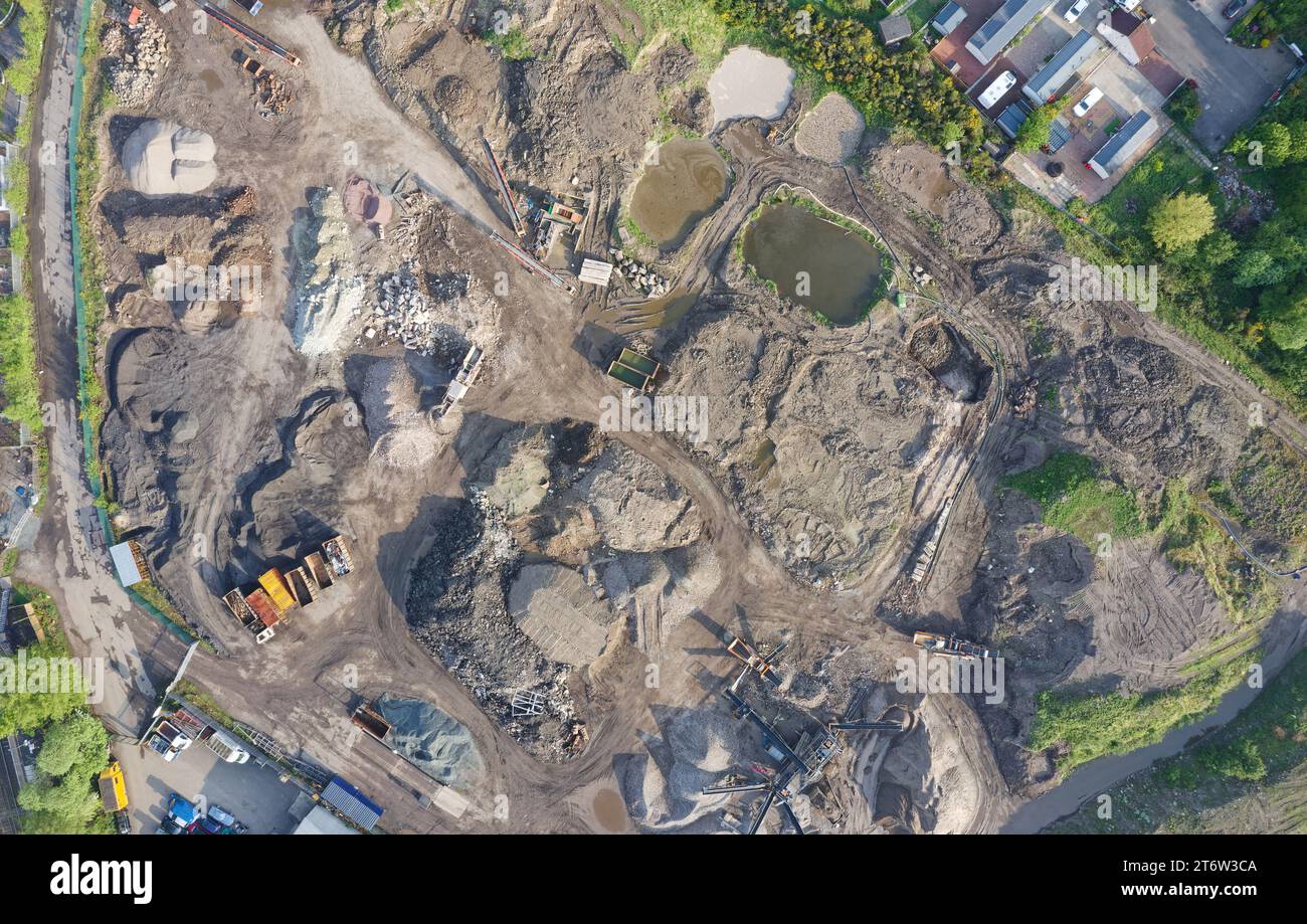 Quarry works industrial digging aerial view from above showing sand ...