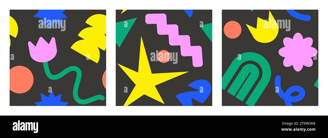 Cool Brutalism Seamless pattern set. Naive playful color shapes in ...