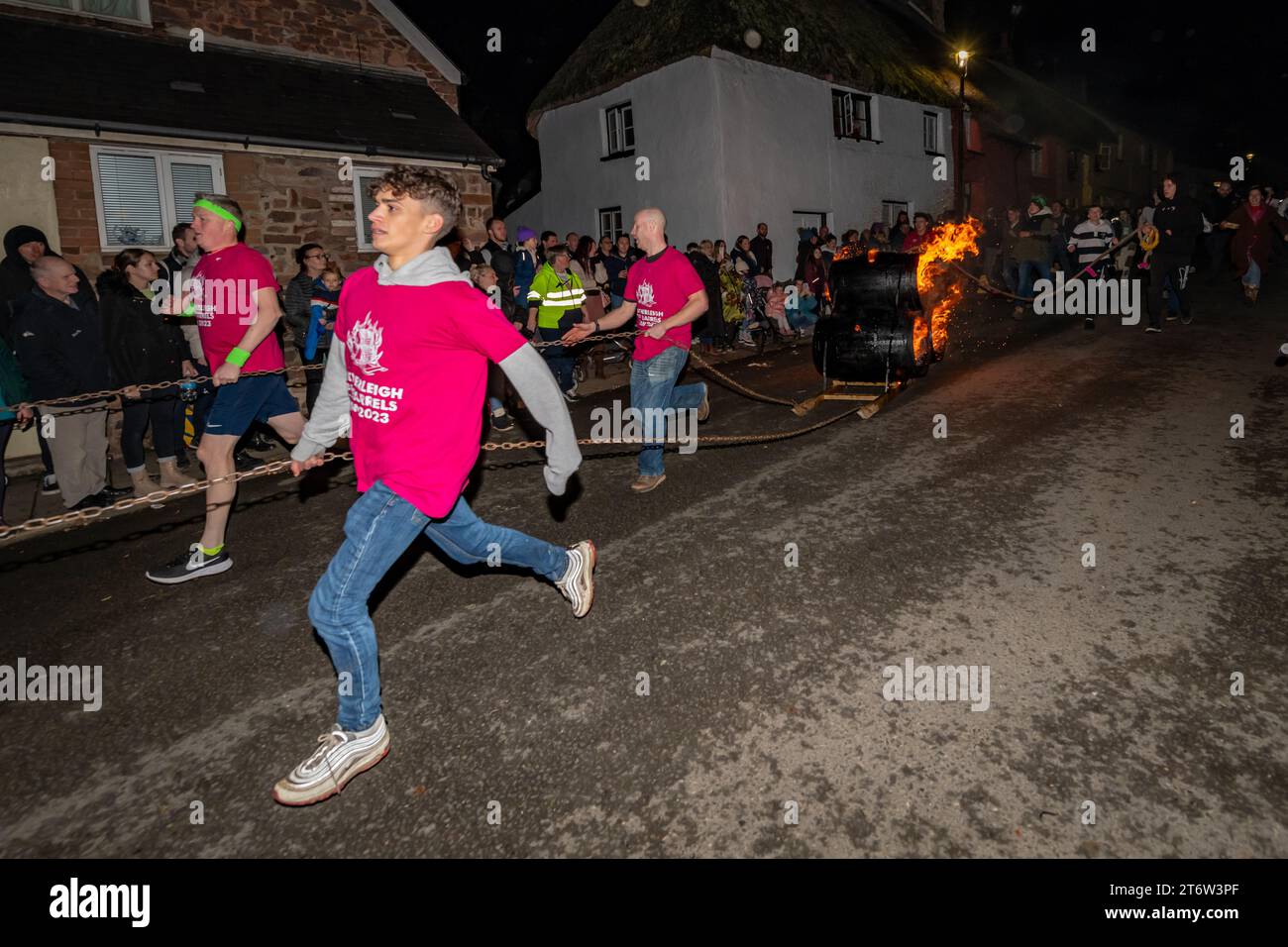 Hatherleigh, UK. 11 Novmeber 2023. High speed flaming barrel run ...