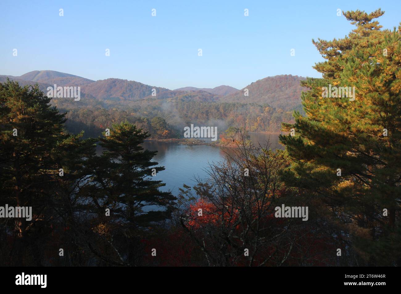 Panorama view of Lake Hibara and mountains in autumn leaves, Urabandai ...