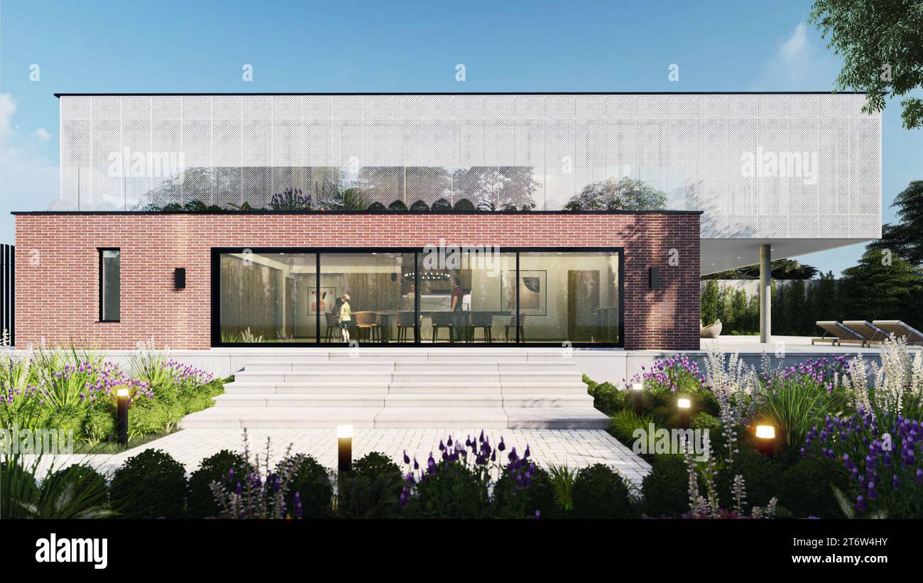 3D rendering illustration of modern house Exterior Scene Stock Photo ...