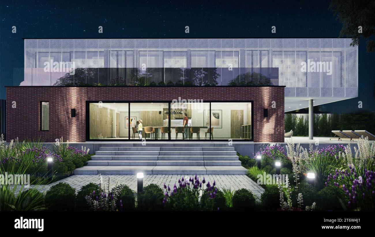 3D rendering illustration of modern house Exterior Scene Stock Photo ...