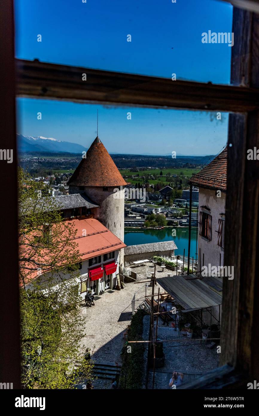 Elevated windowed view from around lake Bled castle, Slovenia. Awesome ...