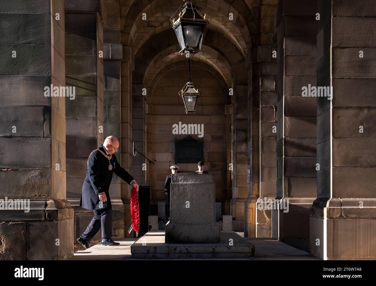 Lord Provost Robert Aldridge lays a wreath at the Stone of Remembrance ...