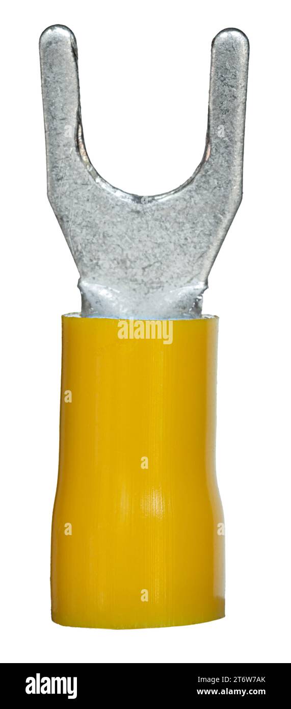 Fork shaped wire connector with a yellow insulator on the bottom Stock ...