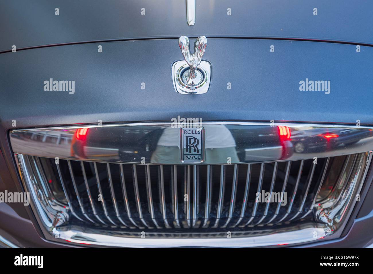 Close-up view of symbols and signs on black luxury car Rolls-Royce ...