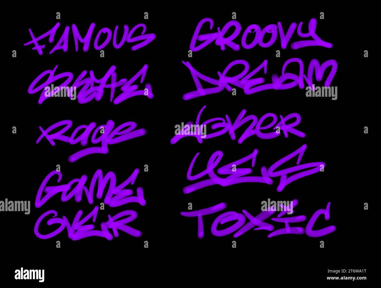 Collection of graffiti street art tags with words and symbols in violet ...